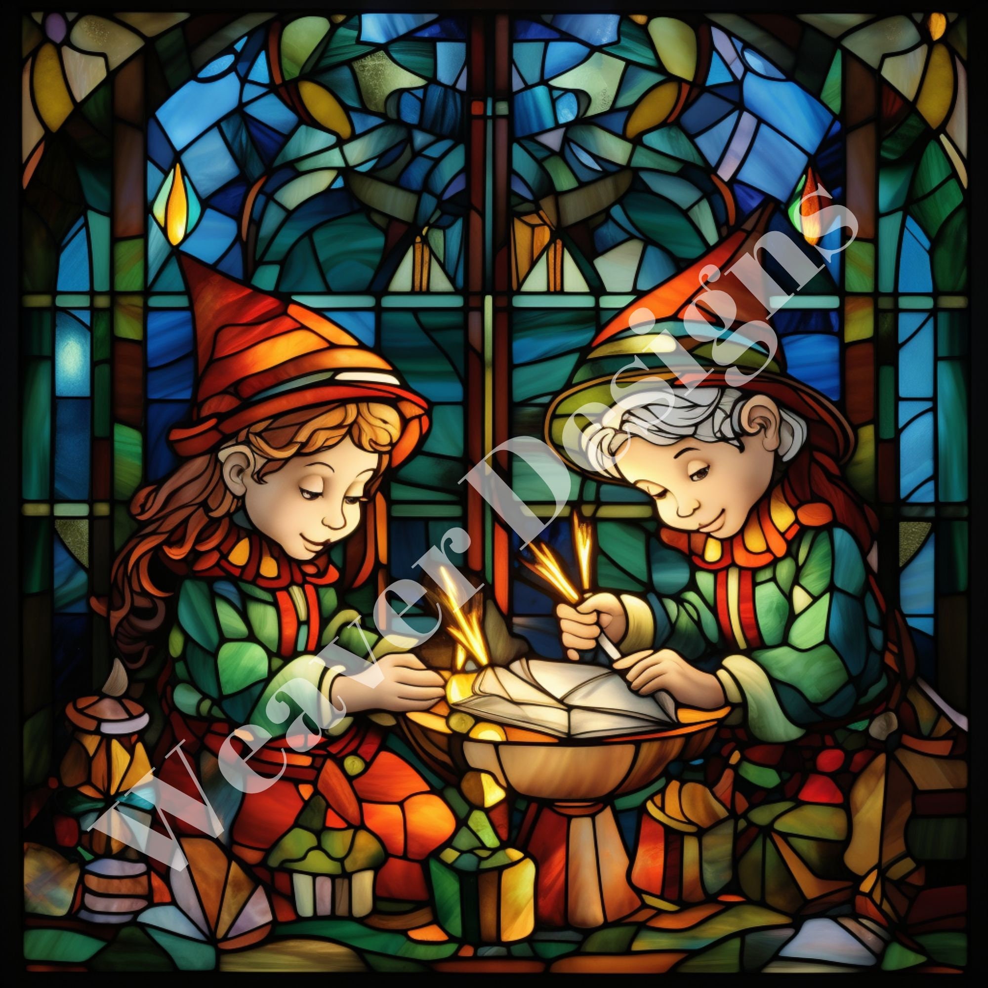 Stunning Stained Glass Elves Collection, Santa, Digital Paper ...