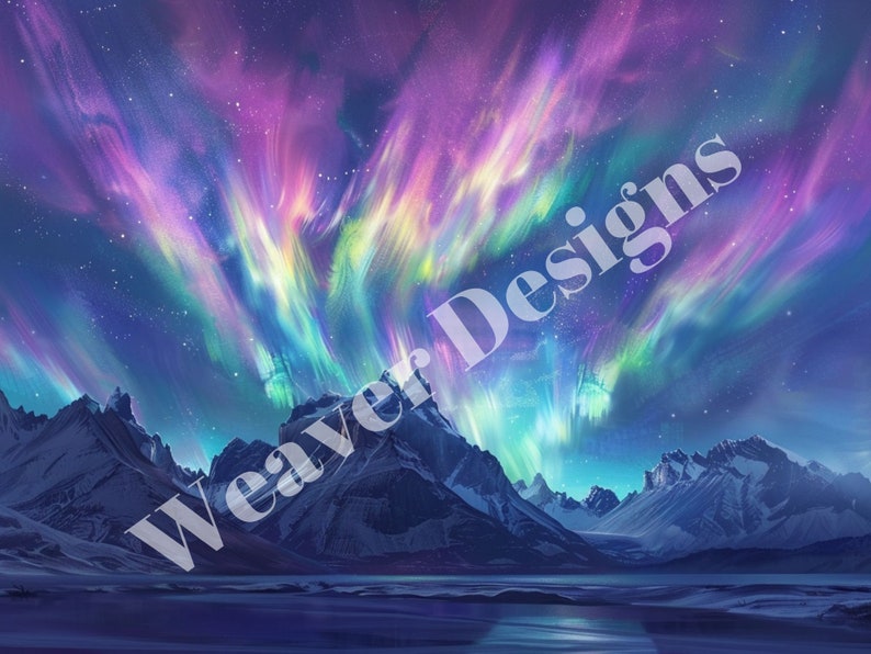 Northern Lights Over Mountain Ranges, Aurora Borealis, Digital Paper ...