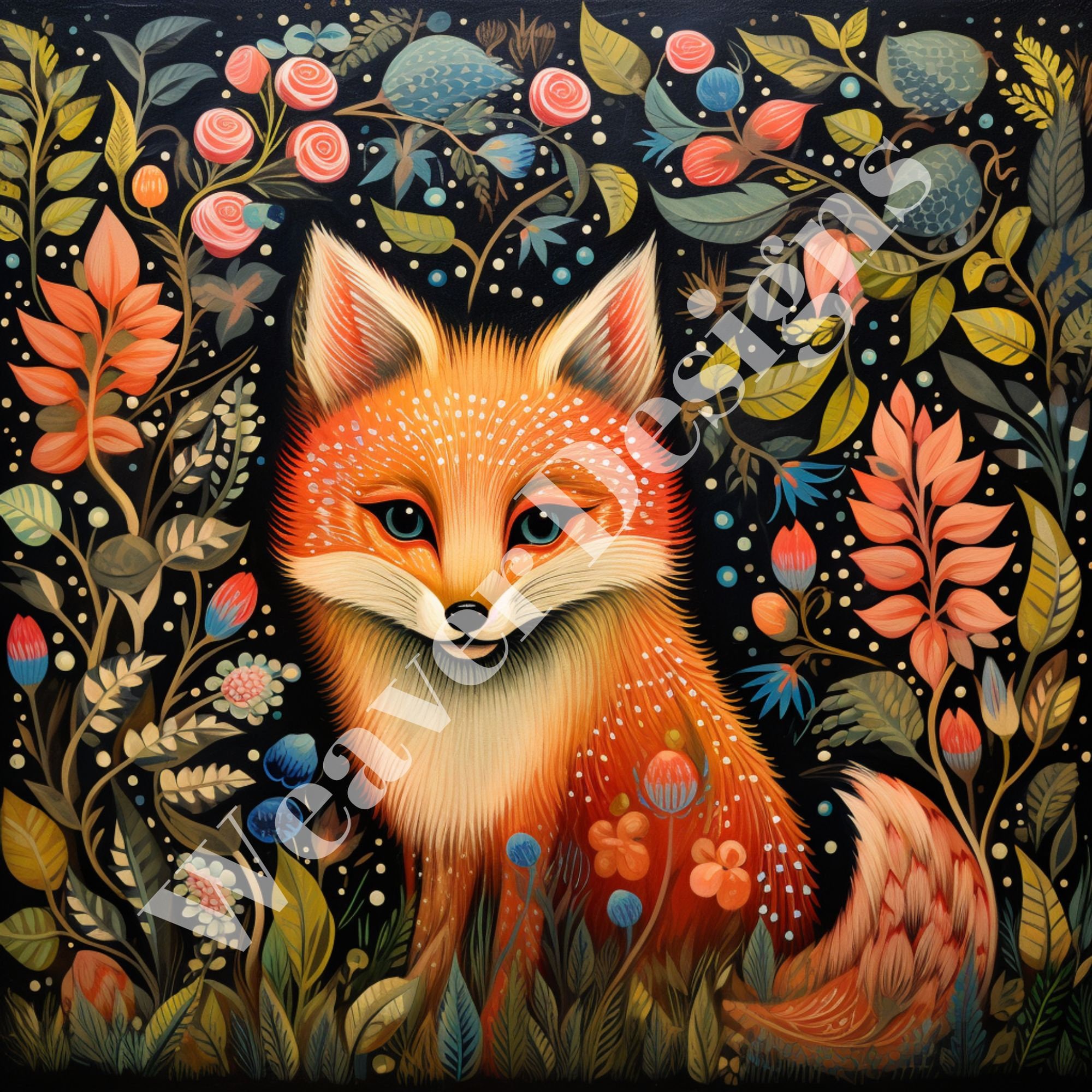 Folk Art Fox in the Forest, 4 Seasons, Digital Paper, Scrapbook Paper ...