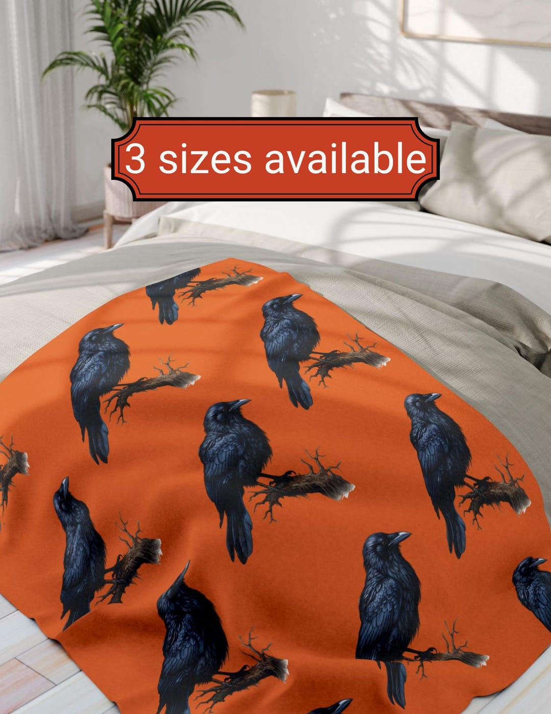 Large Black Crows on Orange Halloween Fleece Blanket for Spooky Fall ...