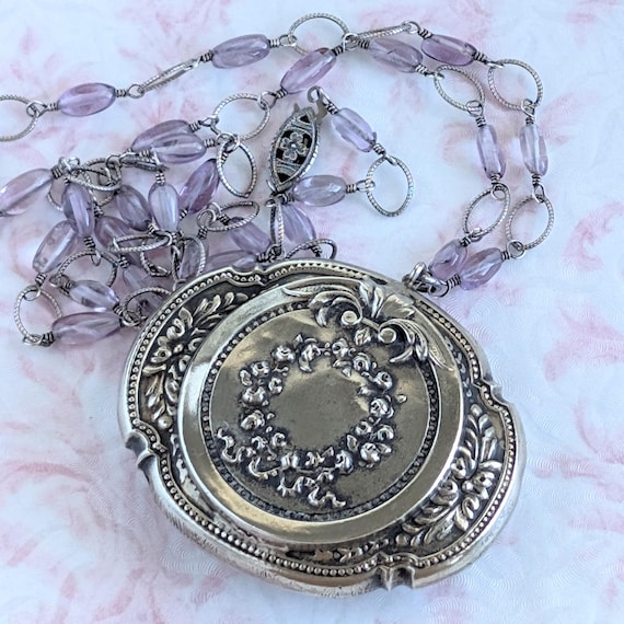 Art Nouveau Silvered Mirror Compact Locket ~ Letter E… - Gem