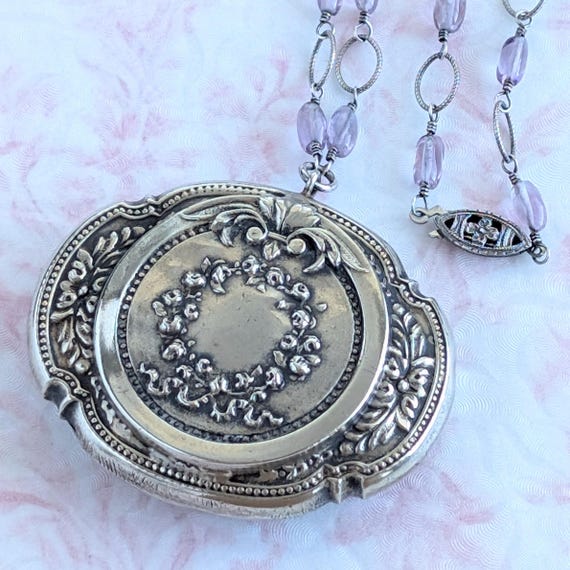 Art Nouveau Silvered Mirror Compact Locket ~ Letter E… - Gem