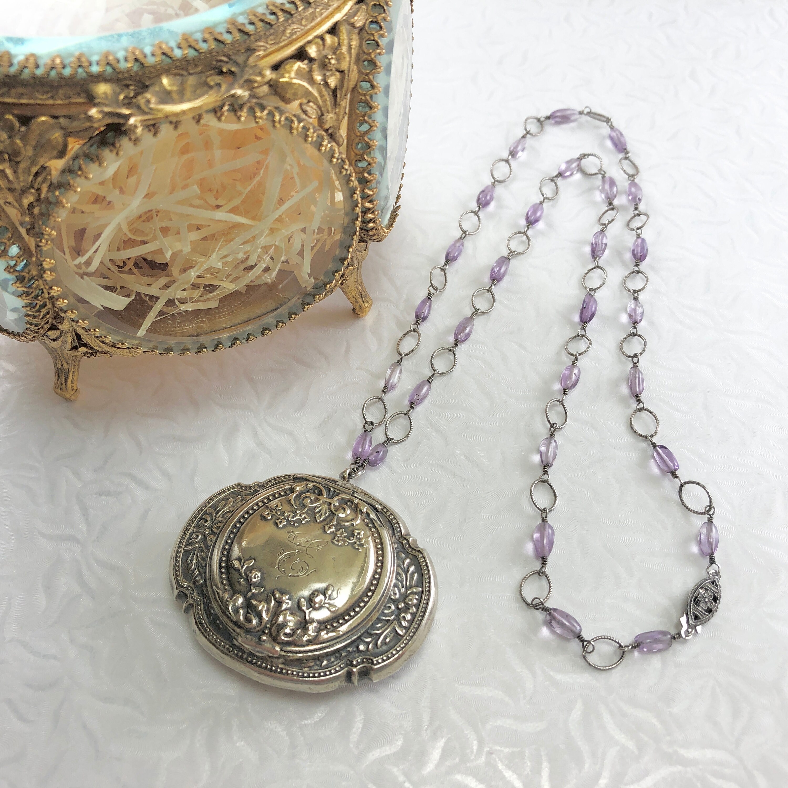Art Nouveau Silver Mirror Compact Locket Antique French Poudrier Letter ...