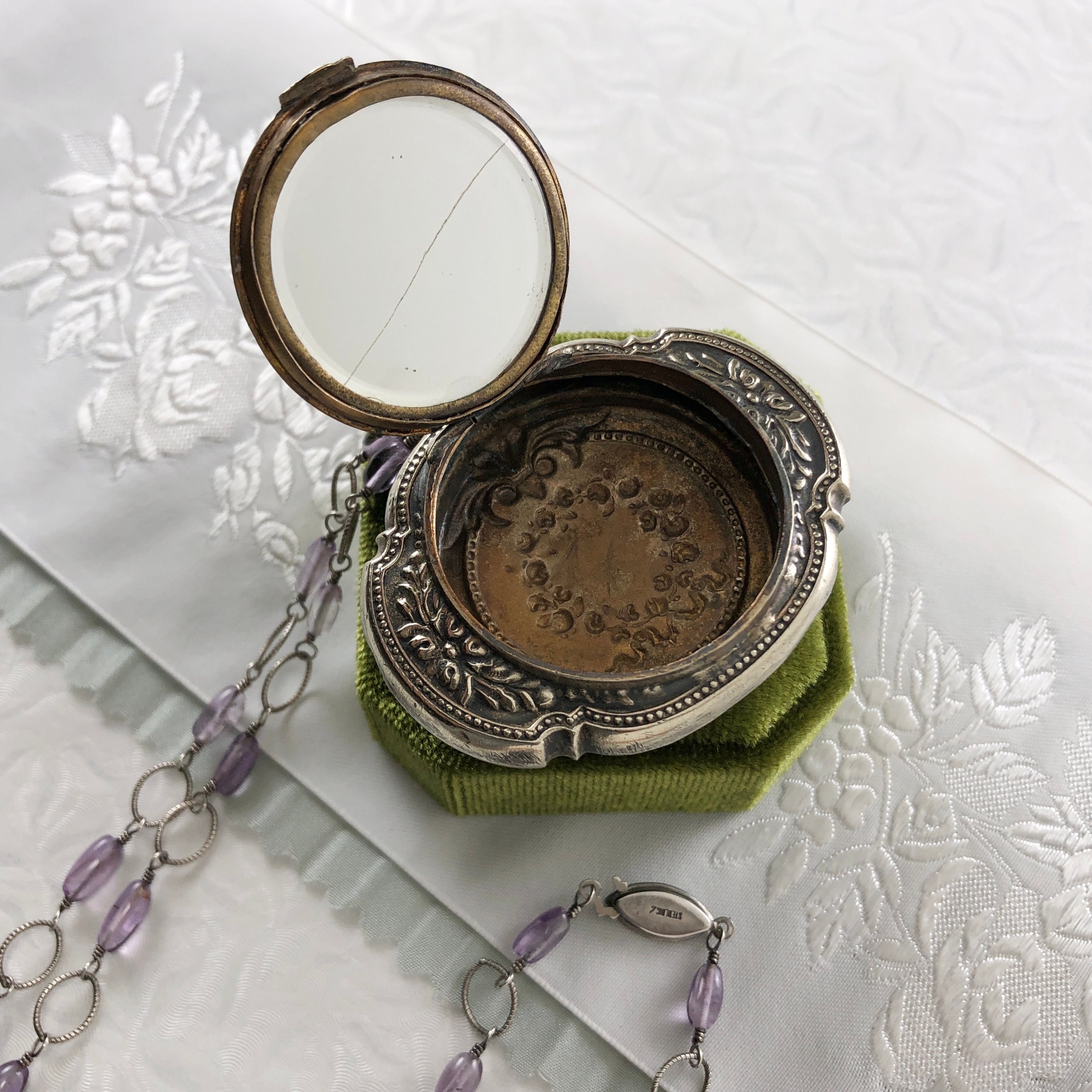 Art Nouveau Silver Mirror Compact Locket Antique French Poudrier Letter ...