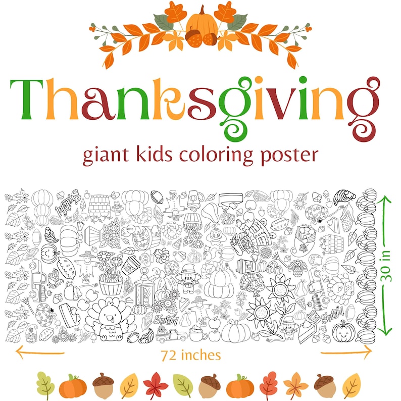 Giant Kids Thanksgiving Coloring Poster, 30" X 72" Inch Coloring Banner ...