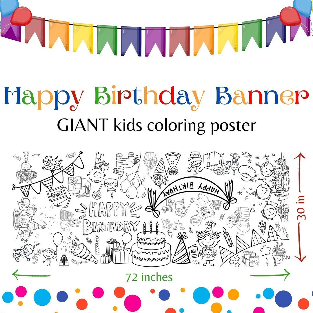 Giant Kids Birthday Coloring Poster, 30" X 72" Inch Coloring Banner ...