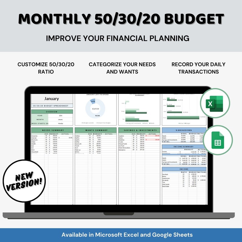 50 30 20 Monthly Budget Spreadsheet Ecxel Template 2024 Paycheck Weekly ...