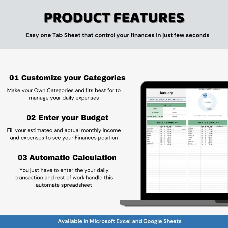 50 30 20 Monthly Budget Spreadsheet Ecxel Template 2024 Paycheck Weekly ...