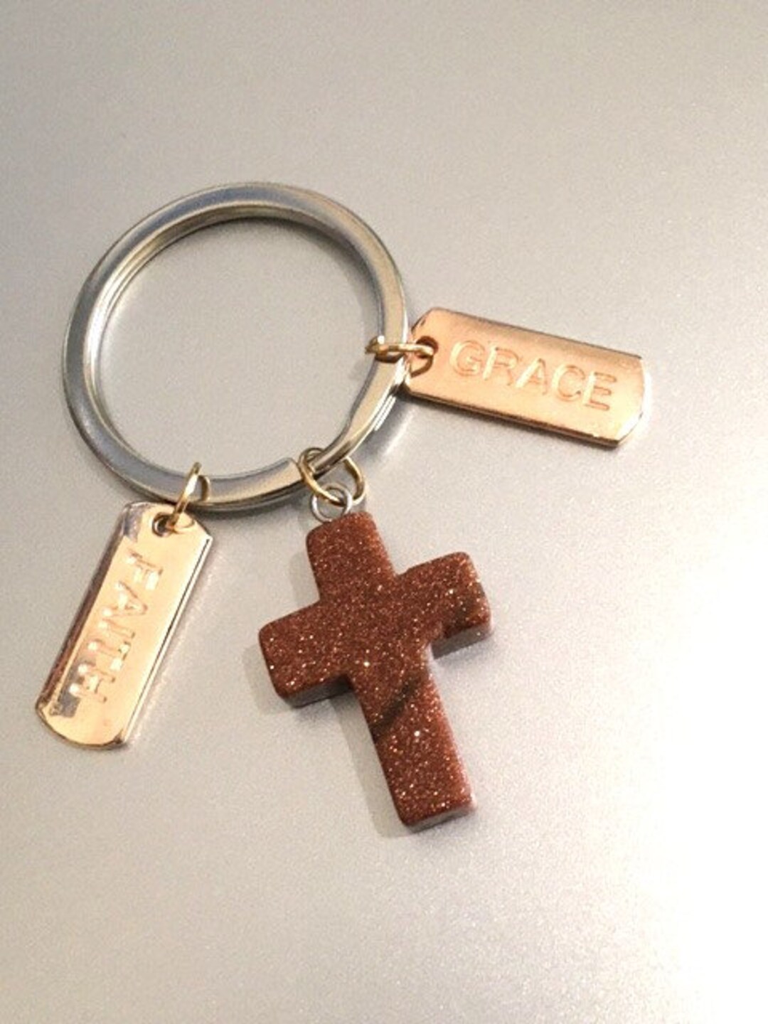 Sandstone Cross Keyring With Faith and Grace Rose Gold Charms-silver ...