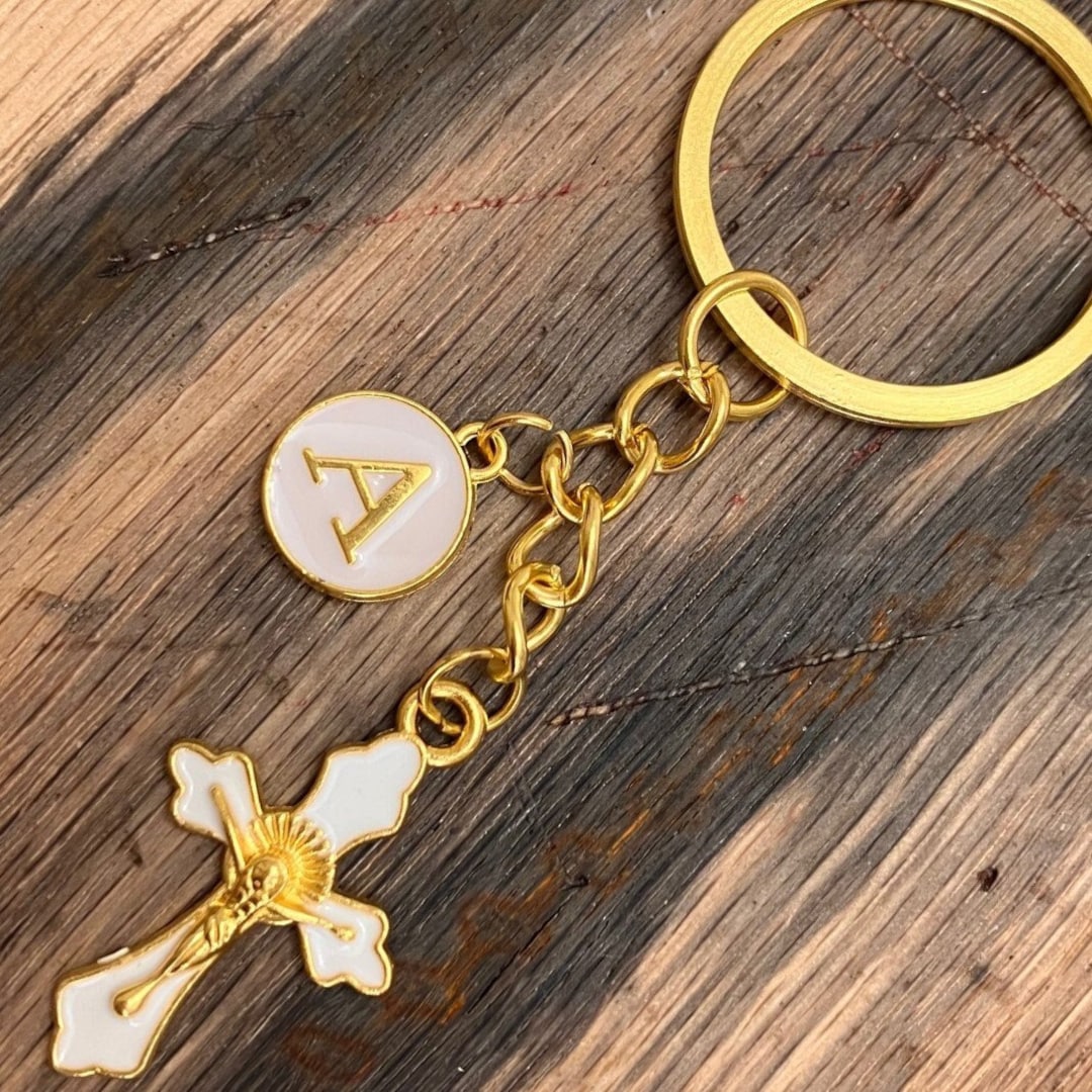 White Enamel Crucifix Cross Keychain: Gold Tone Religious Gift ...