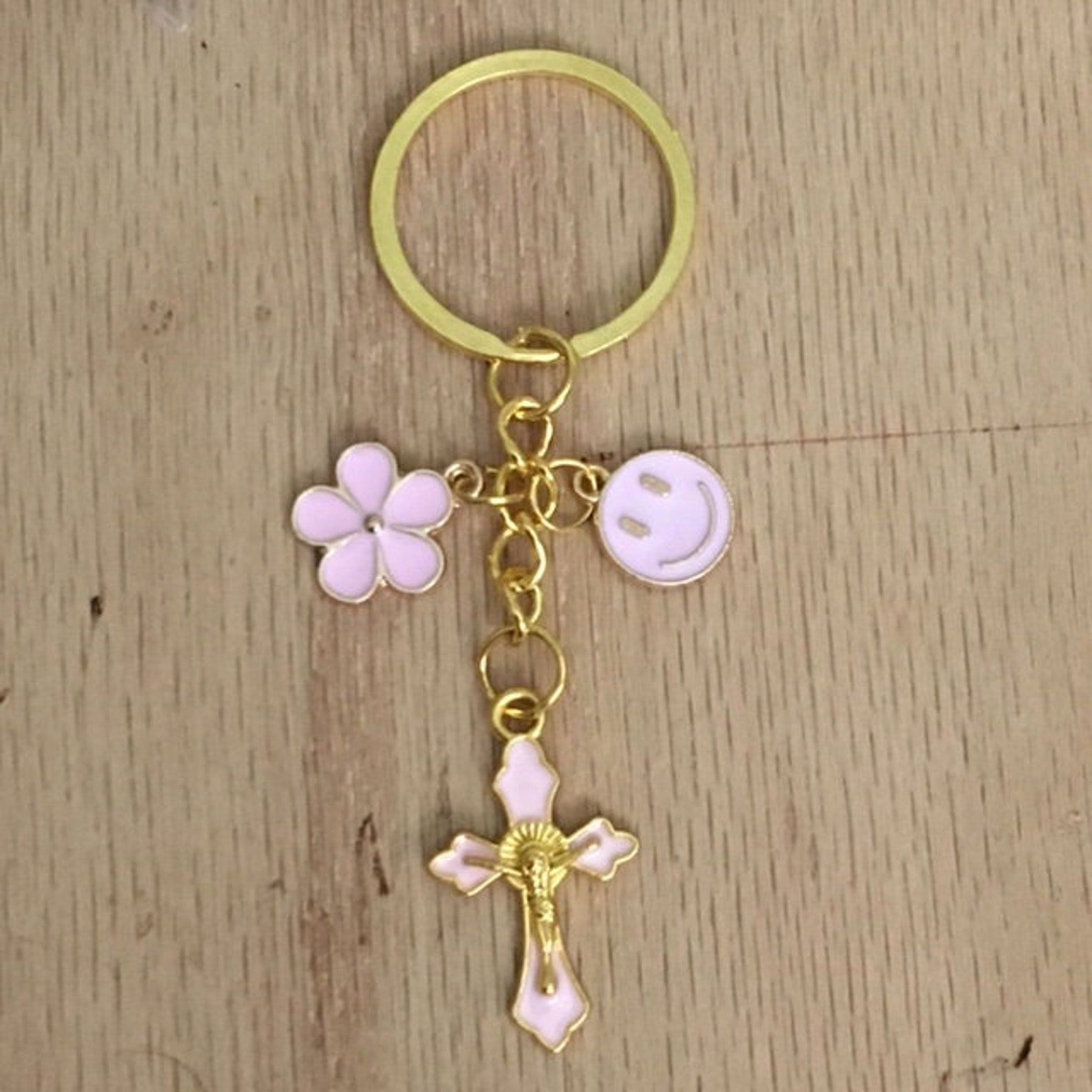 Pink Enamel Crucifix Cross Keychain: Gold Keyring, Christian Gift ...