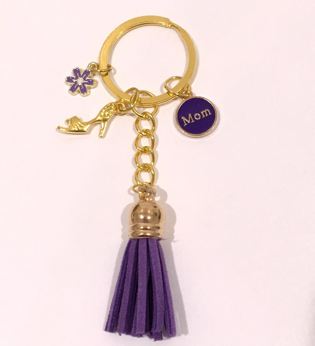 Mom Charm Keyring: Purple Leather Tassel, Gold Tone Bag Charm - Etsy