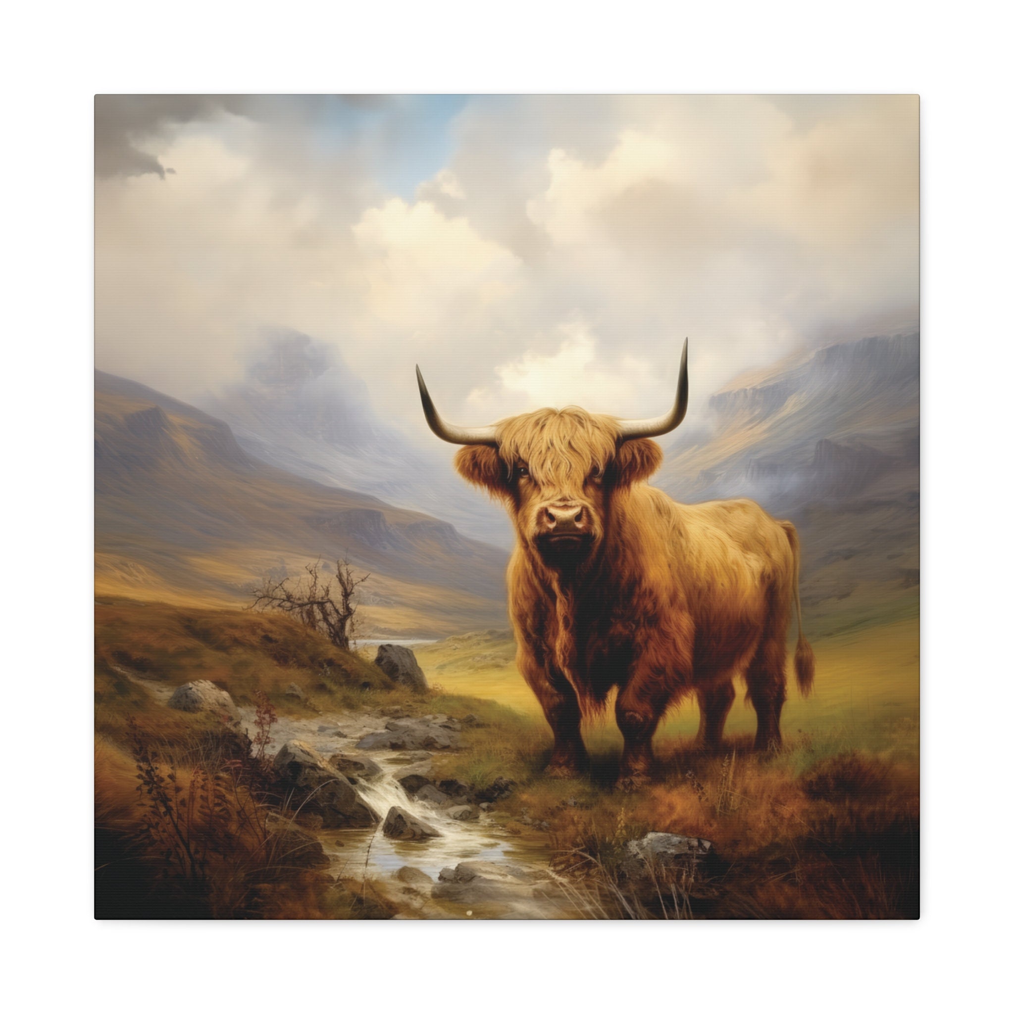 Scottish Highland Cow in a Glen Wall Art Canvas in Romantic Style ...