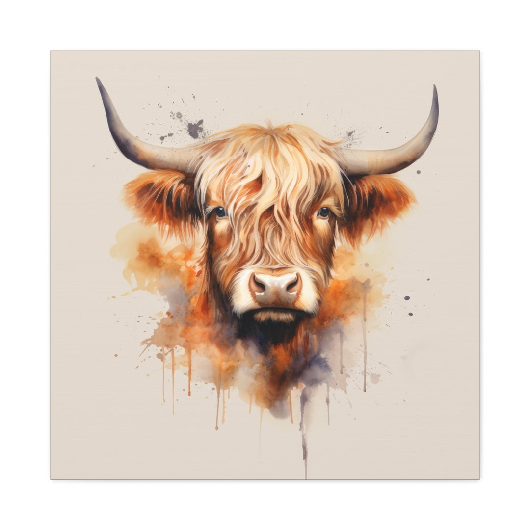 Scottish Highland Cow Wall Art Canvas in Watercolour Style Ideal to ...