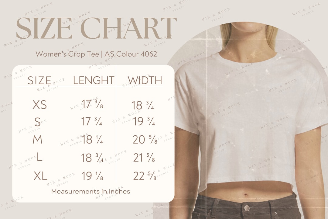AS Colour 4062 Crop Tee Mockup Xs to Xl Sizing Chart Size Chart Crop ...