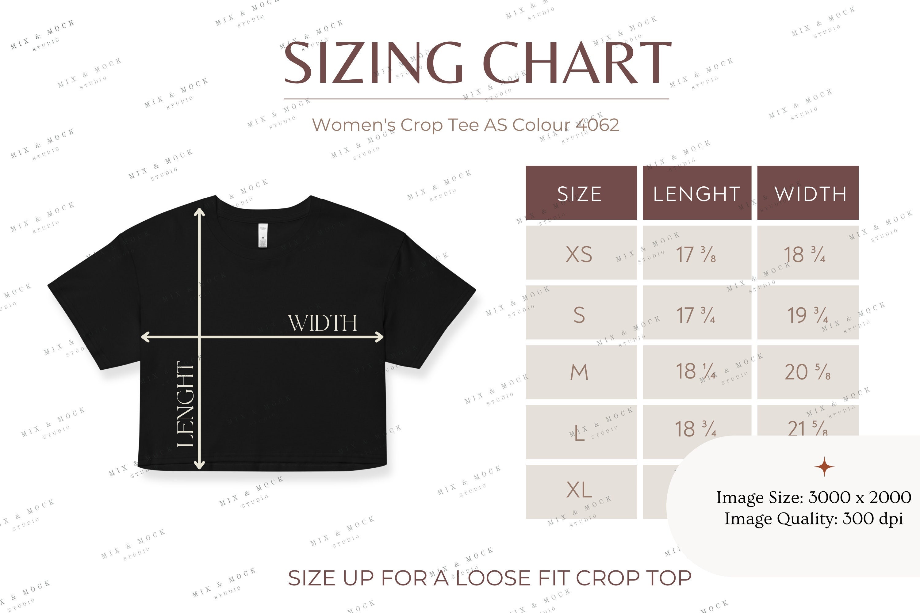 AS Colour 4062 Crop Tee Mockup Xs to Xl Sizing Chart Size Chart Crop ...