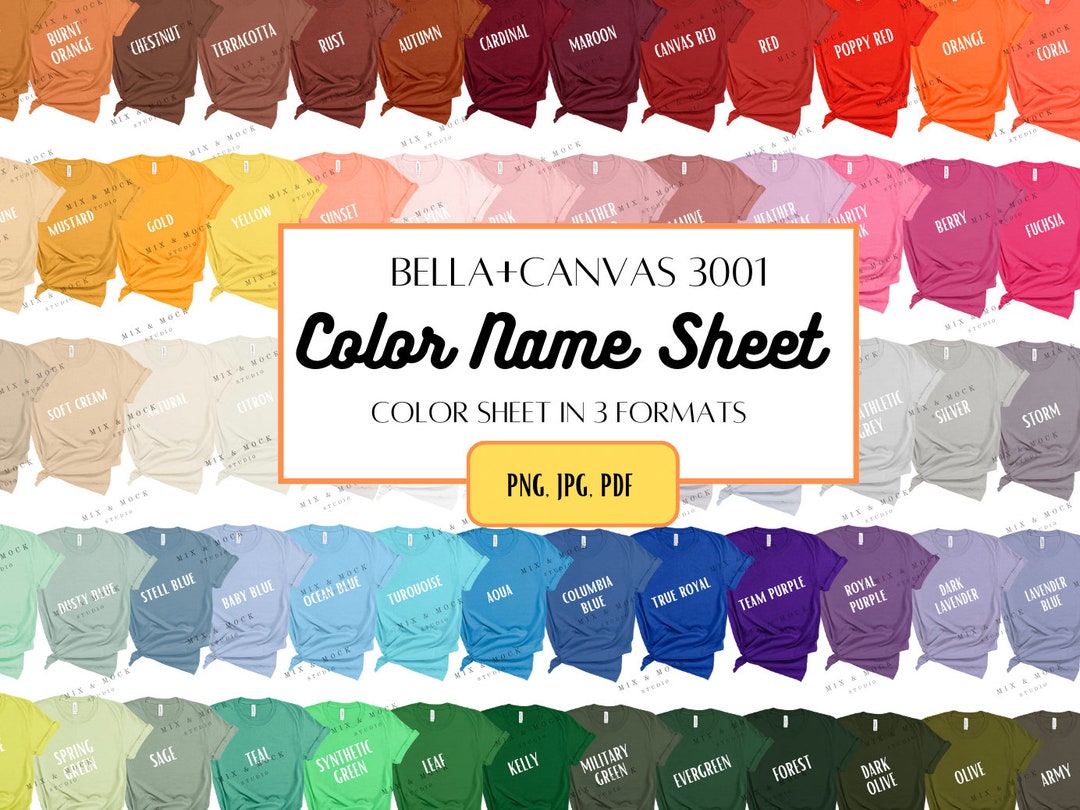 Color Name Sheet for POD Bella Canvas 3001 Shirt Color Chart 77 Colors ...