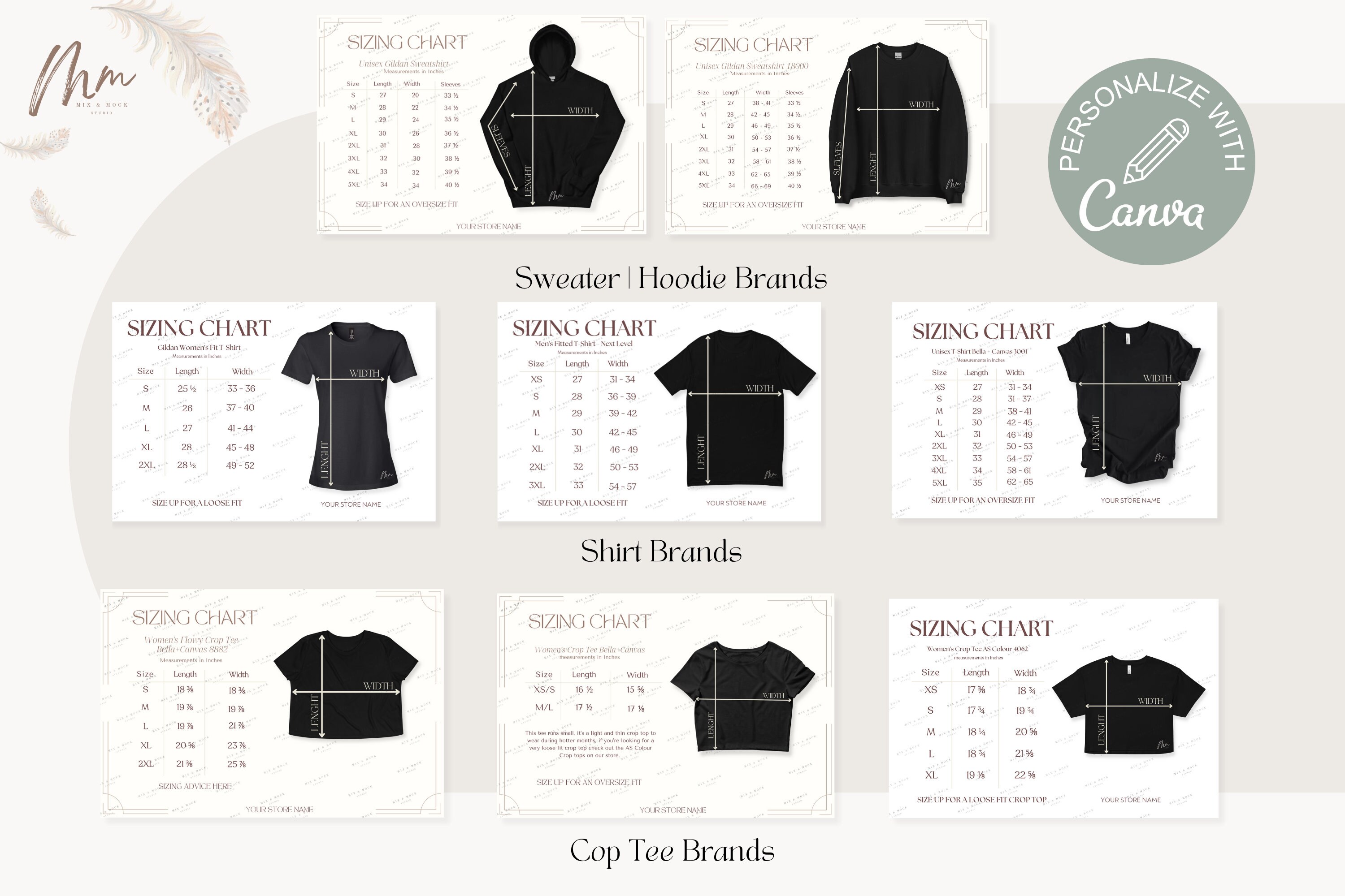 Canva Template Size Chart BUNDLE Crewneck Sweater Size - Etsy