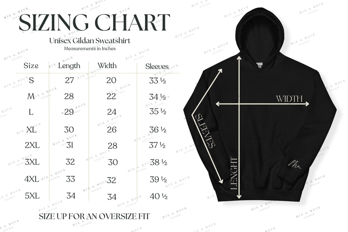 Gildan Hoodie Size Chart Sizing Guide XS to 5XL Gildan 18500 Sizing ...