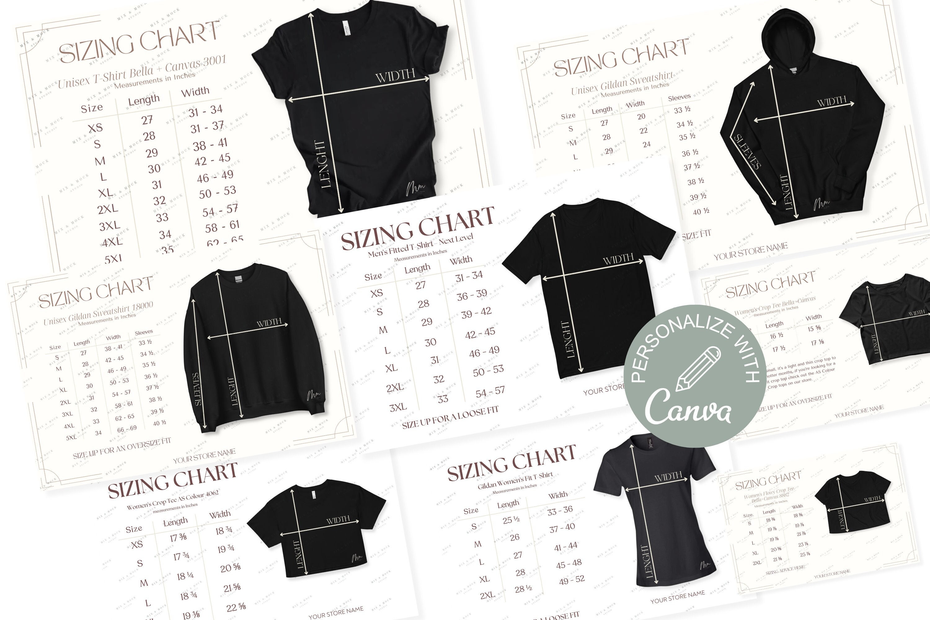 Canva Template Size Chart BUNDLE Crewneck Sweater Size - Etsy