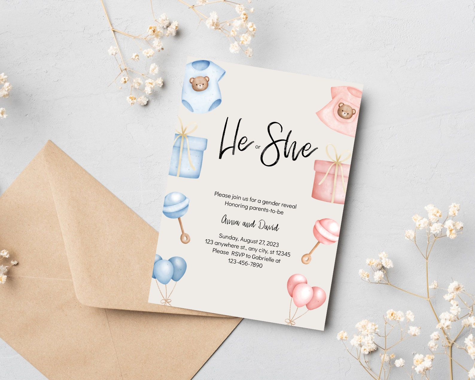 Editable Blue And Pink Gender Reveal Invitation Editable Etsy