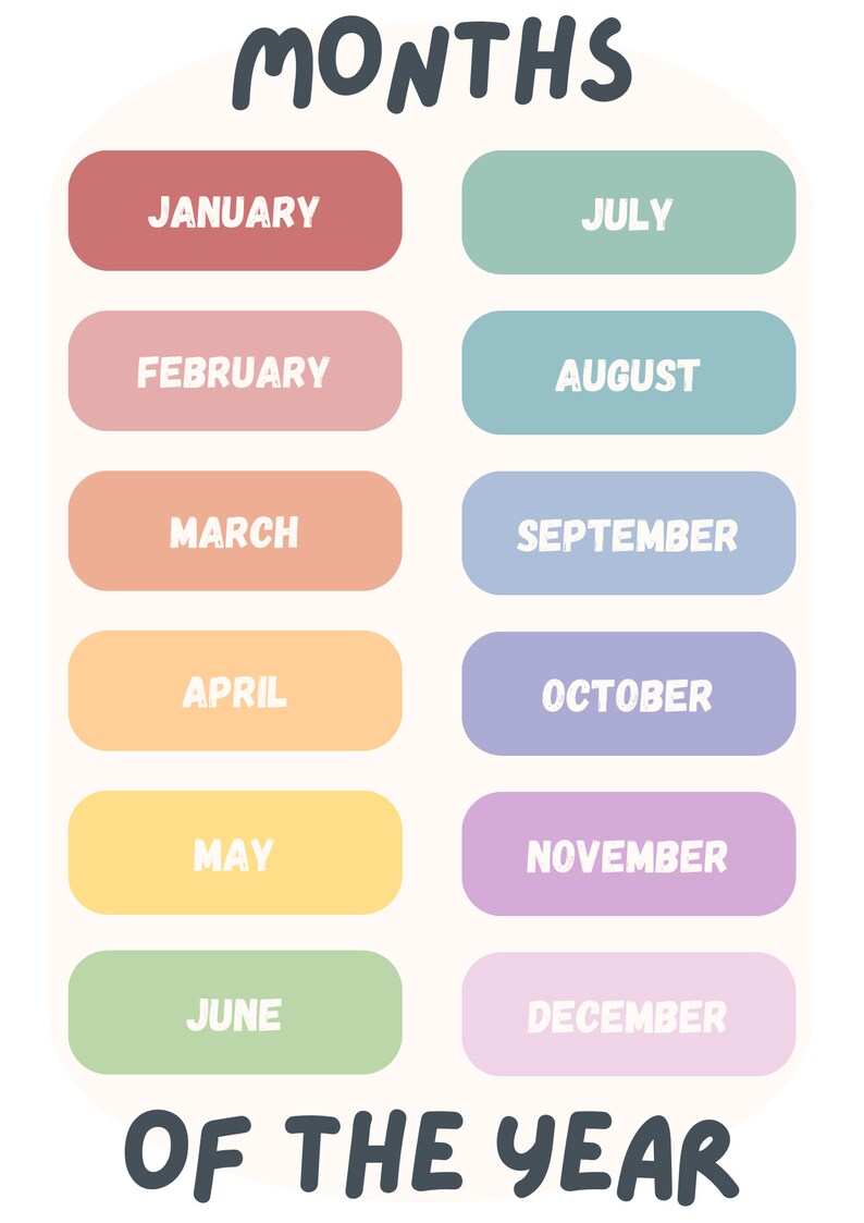 Months of the Year Educational Material for Kids Kindergarten Colourful ...