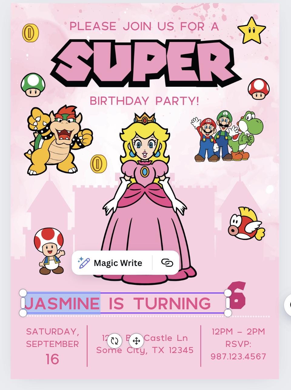 Princess Peach Birthday Invitation, Instant Canva Easy Editable Digital ...