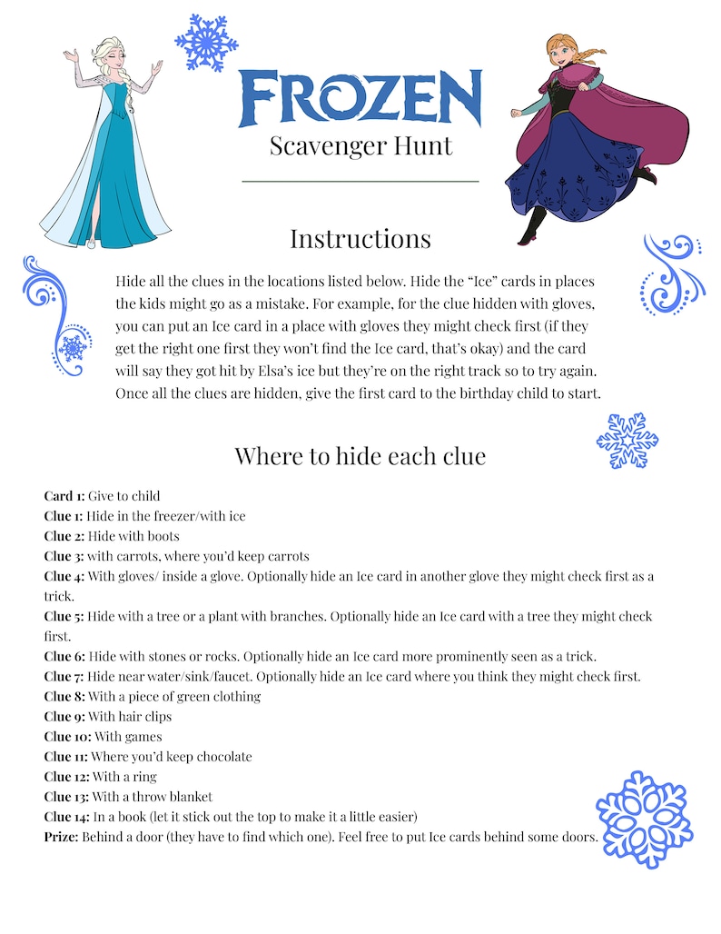 Frozen Birthday Party | Printable Scavenger Hunt | Instant Download - Etsy