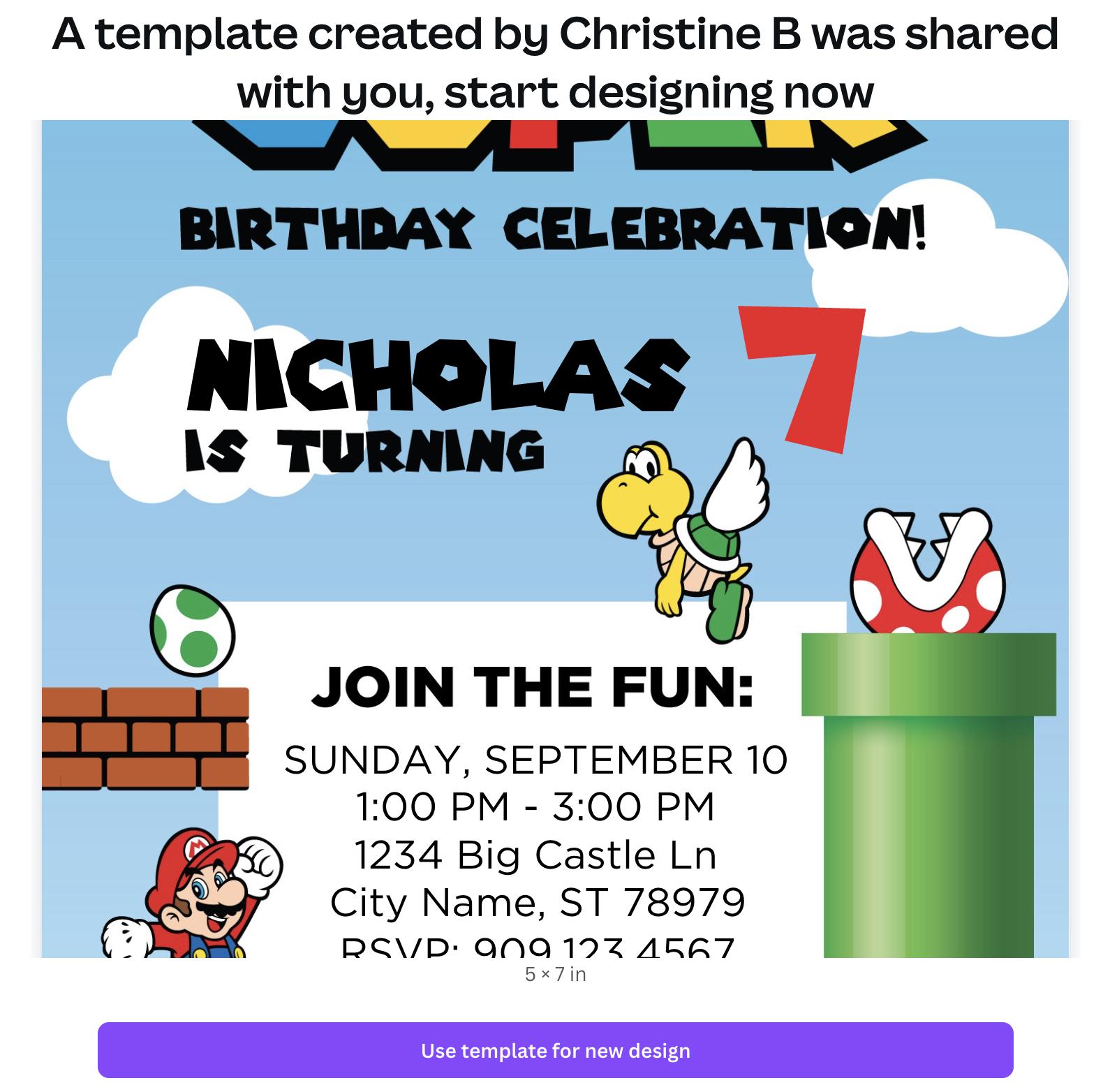 Super Mario Party Invitation, Digital Canva Editable Template - Etsy