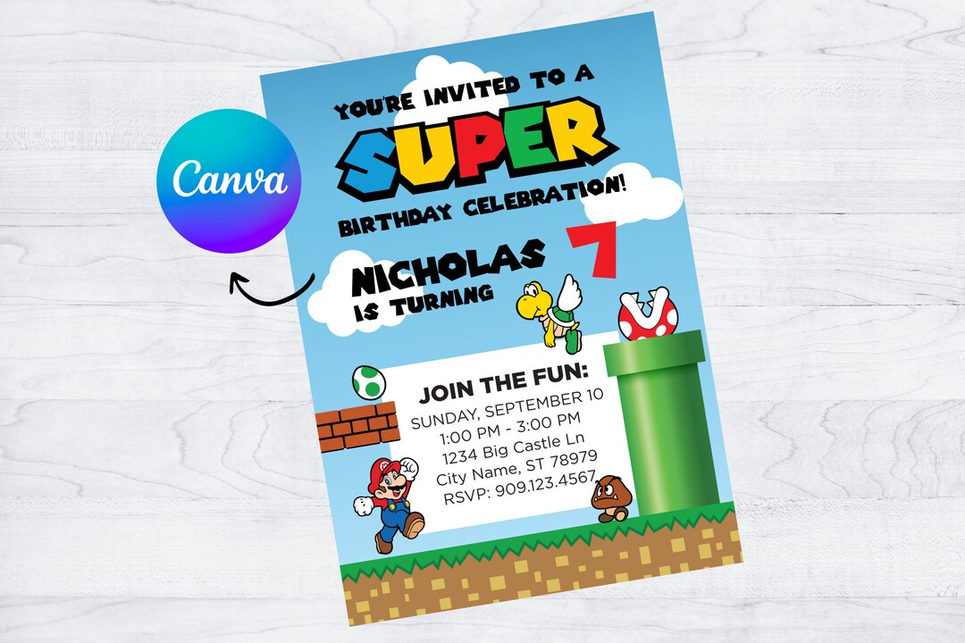 Super Mario Party Invitation, Digital Canva Editable Template - Etsy