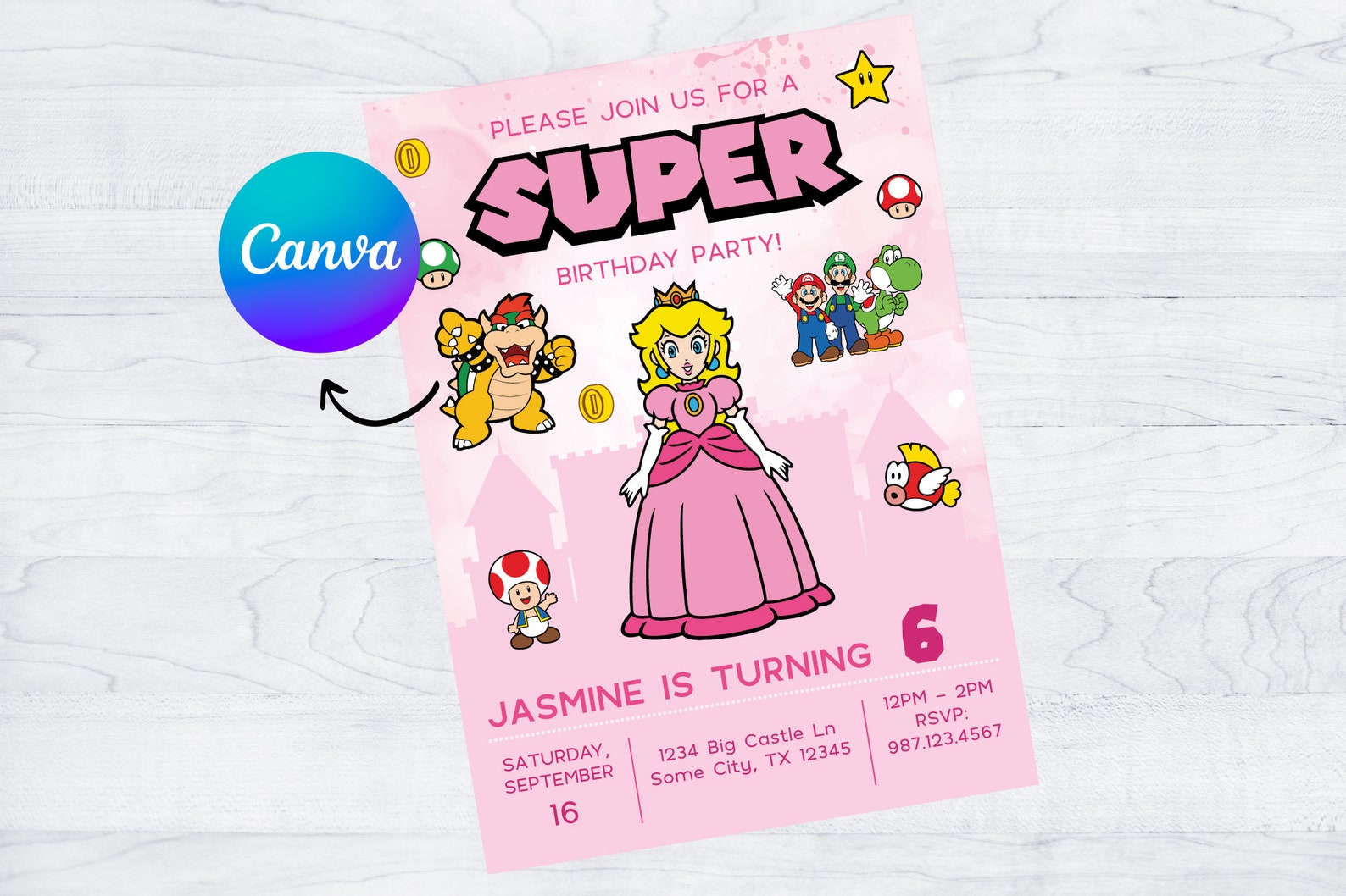 Invitación de cumpleaños de la Princesa Peach, plantilla digital ...