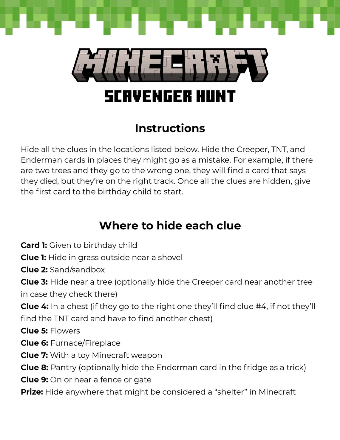 Minecraft Birthday Party | Printable Scavenger Hunt | Instant Download ...
