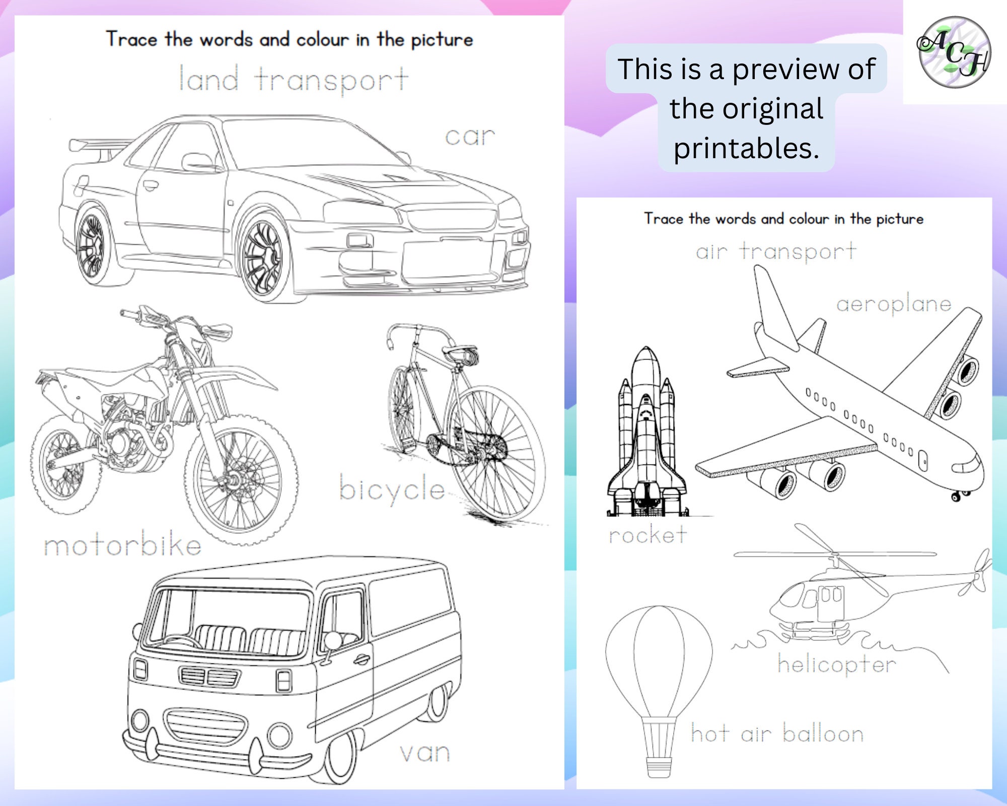 Trace and Colour in - Transportation (land, Air, Sea) Worksheets A4 - Etsy