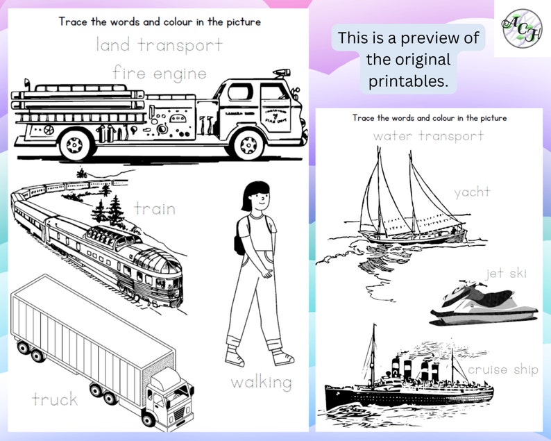 Trace and Colour in - Transportation (land, Air, Sea) Worksheets A4 - Etsy