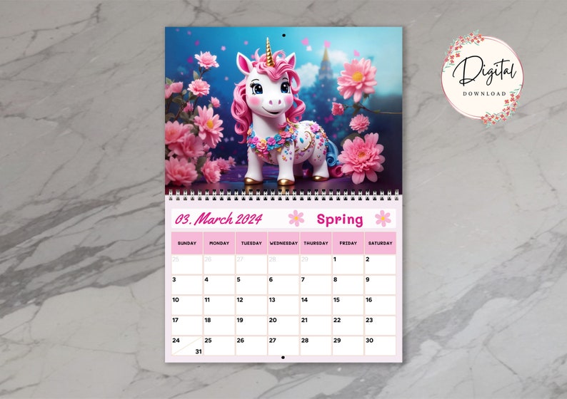 2024 Unicorn Wall Calendar, Printable Unicorn Calendar for Girls, High ...