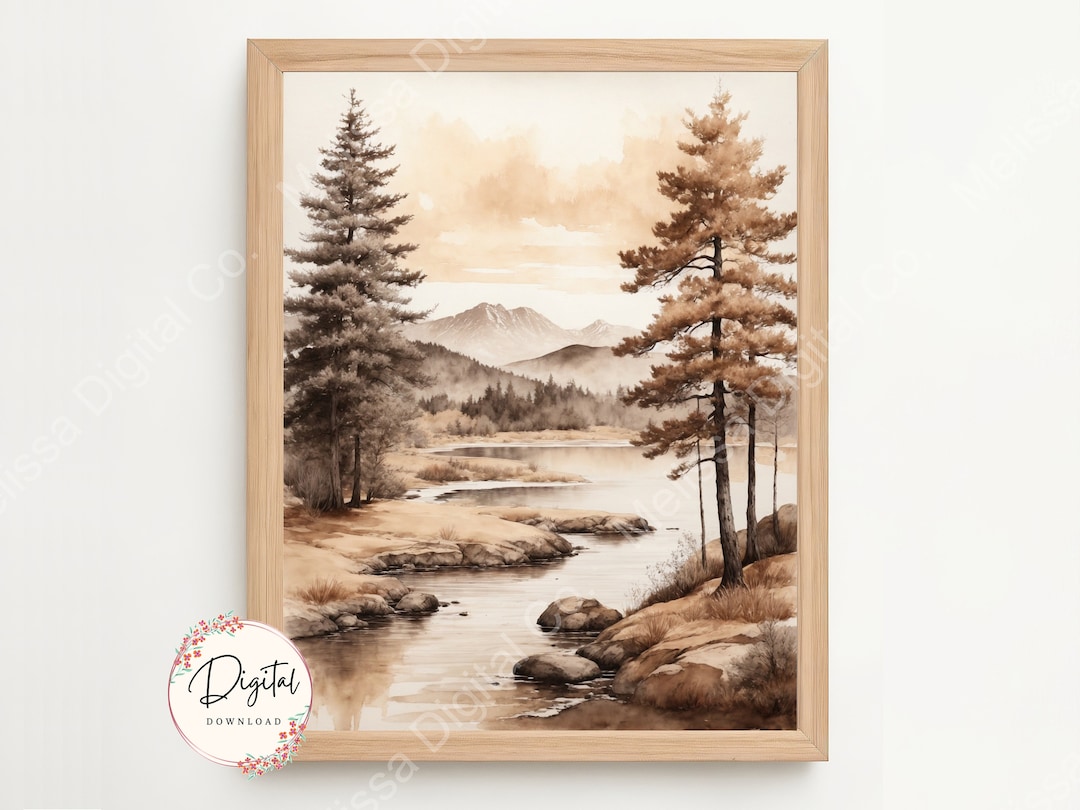 Vintage Printable Digital Wall Art Sepia Ink Wash Landscape of Neutral ...