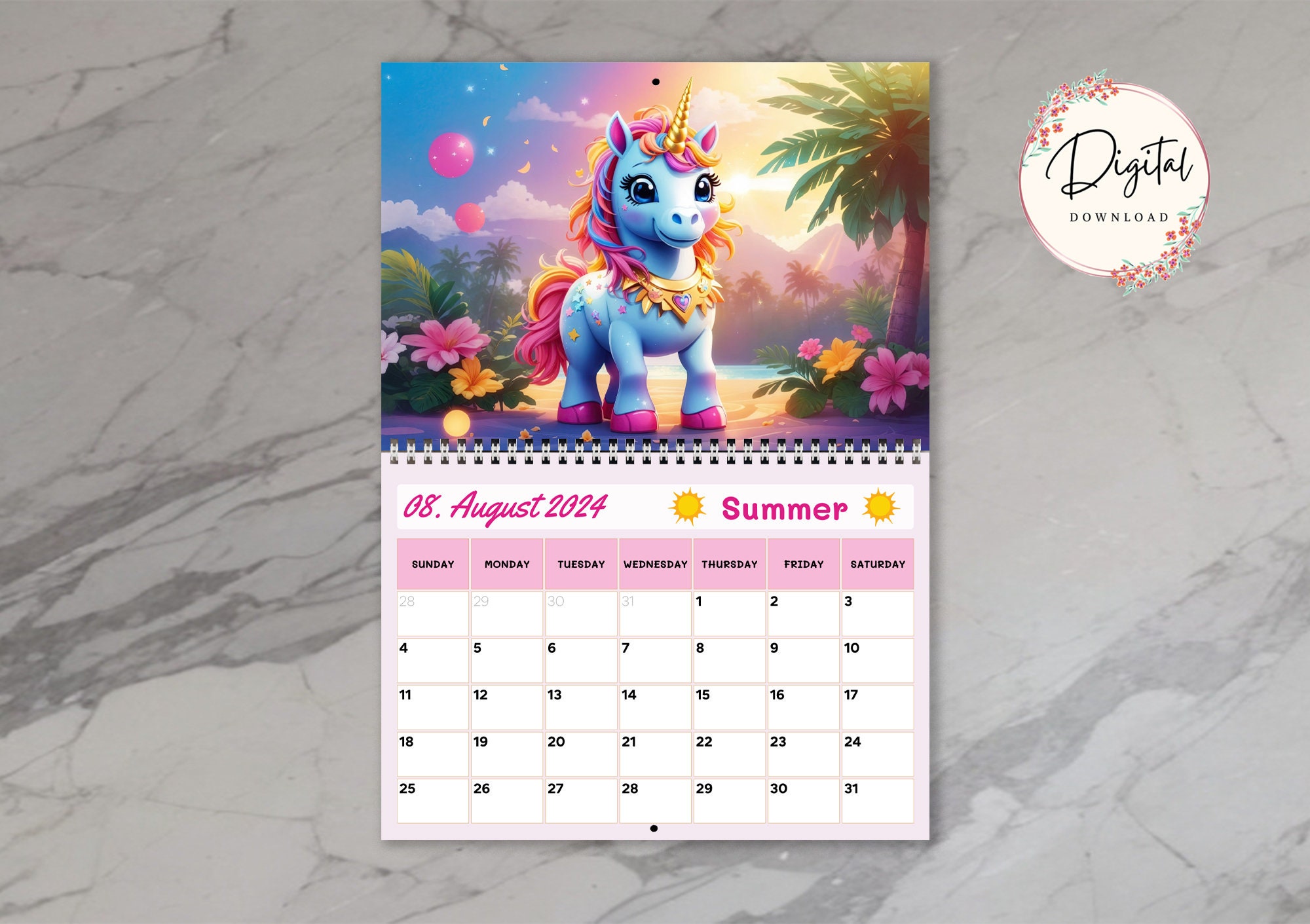 2024 Unicorn Wall Calendar, Printable Unicorn Calendar for Girls, High ...