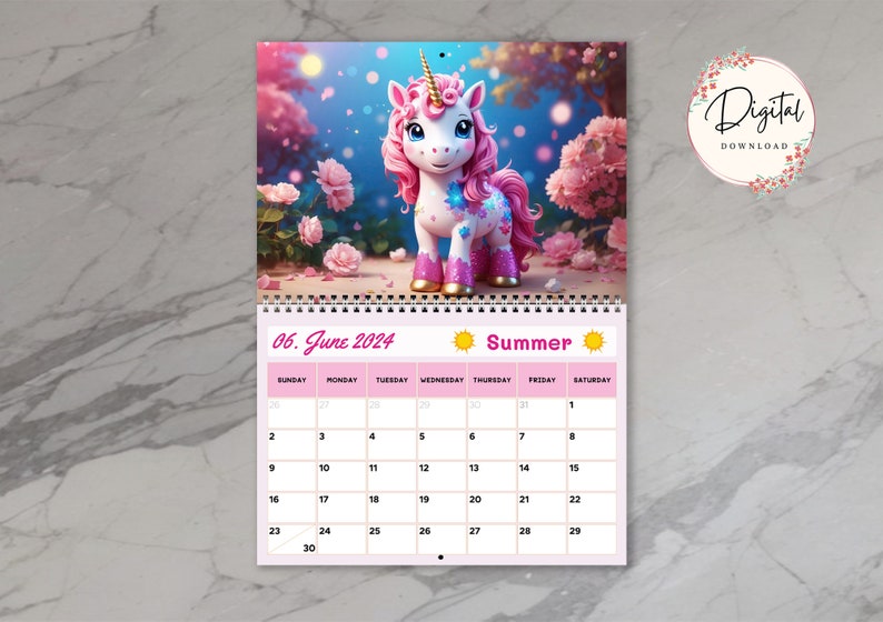 2024 Unicorn Wall Calendar, Printable Unicorn Calendar for Girls, High ...