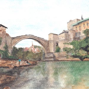 Mostar Bosnia Old Bridge Watercolor Poster Print - Balkans Eastern ...