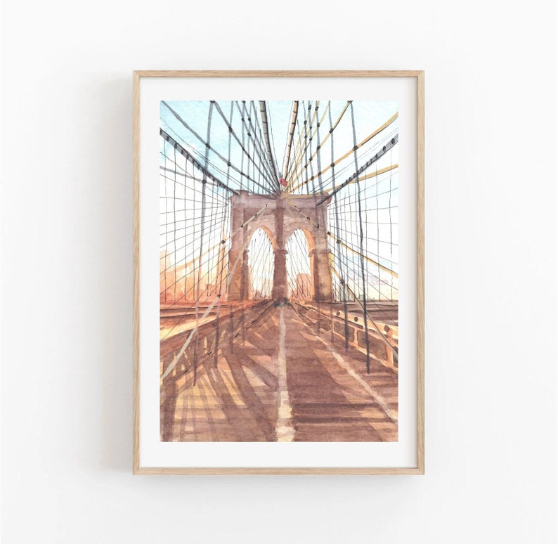 Brooklyn Bridge Colorful Sunrise Watercolor Poster Print - New York ...