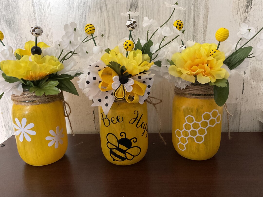Bee Happy Spring Mason Jar Floral Arrangement - Etsy
