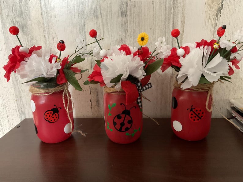 Ladybug Lady Bug Spring Mason Jar Floral Arrangement - Etsy