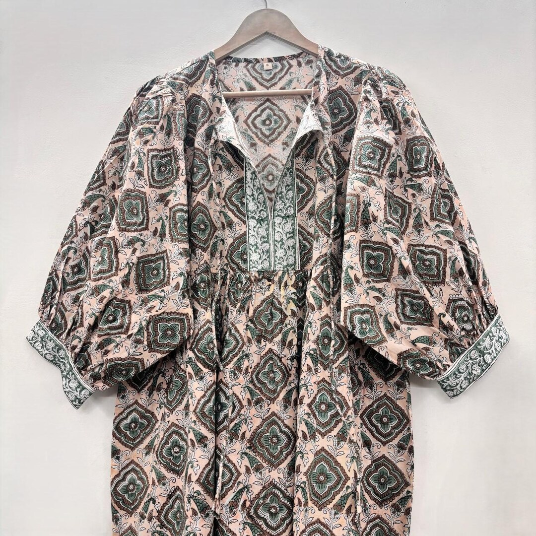 Floral Hand Block Print Kyra Midi Dress, Soft Cotton Casual Dress ...