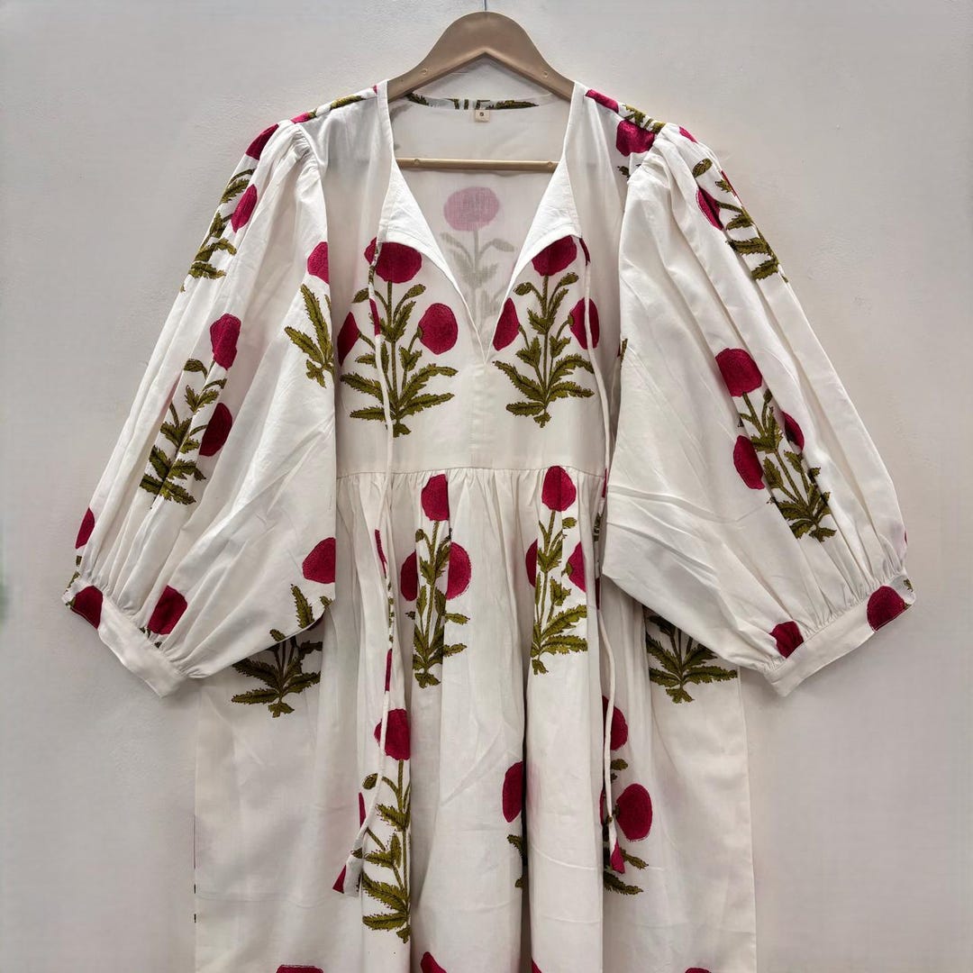 Floral Hand Block Print Kyra Midi Dress | Bohemian Cotton Dress Dresses ...