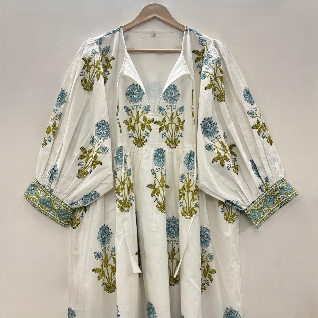 Floral Hand Block Print Kyra Midi Dress | Bohemian Cotton Dress Dresses ...