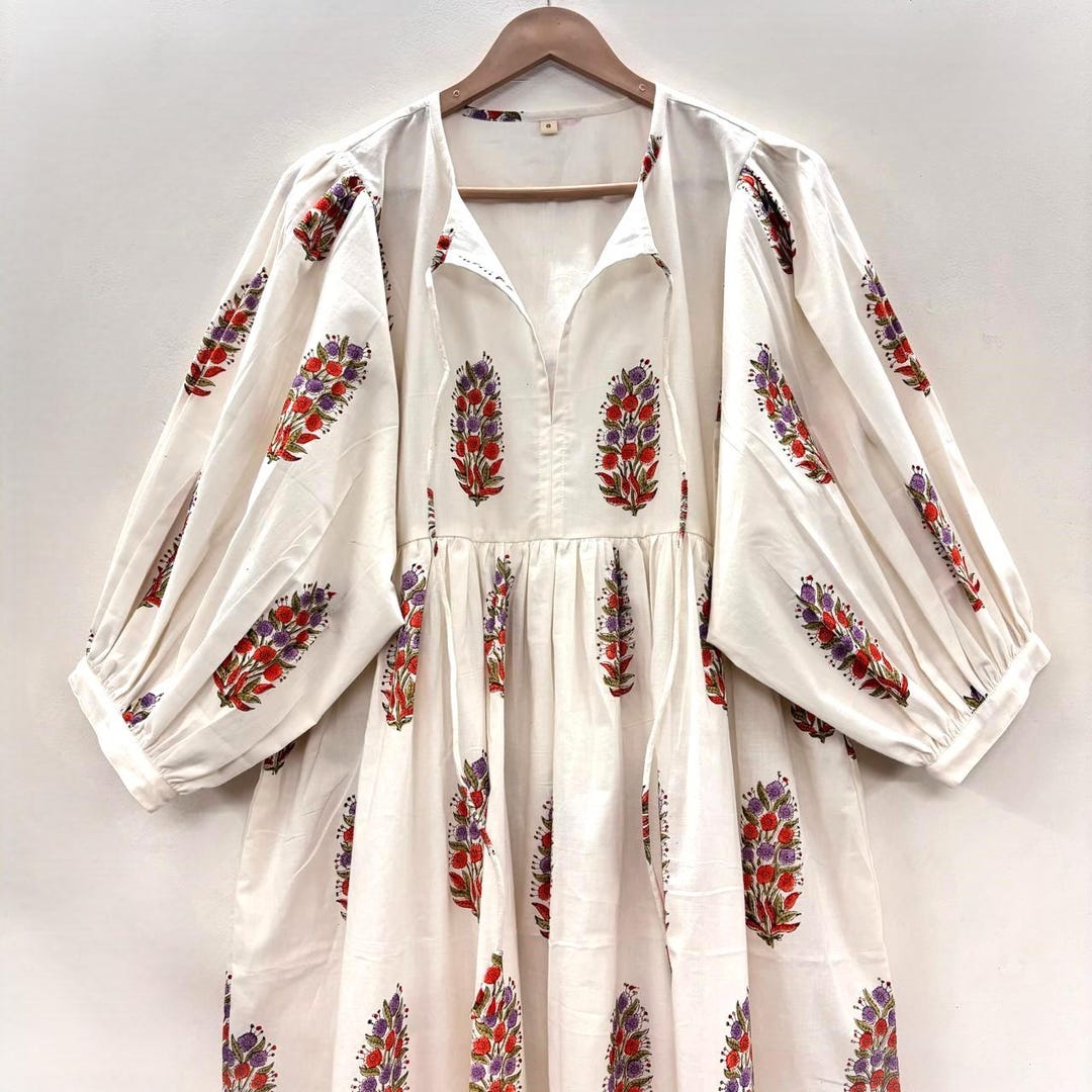 Floral Hand Block Print Kyra Midi Dress | Bohemian Cotton Dress Dresses ...