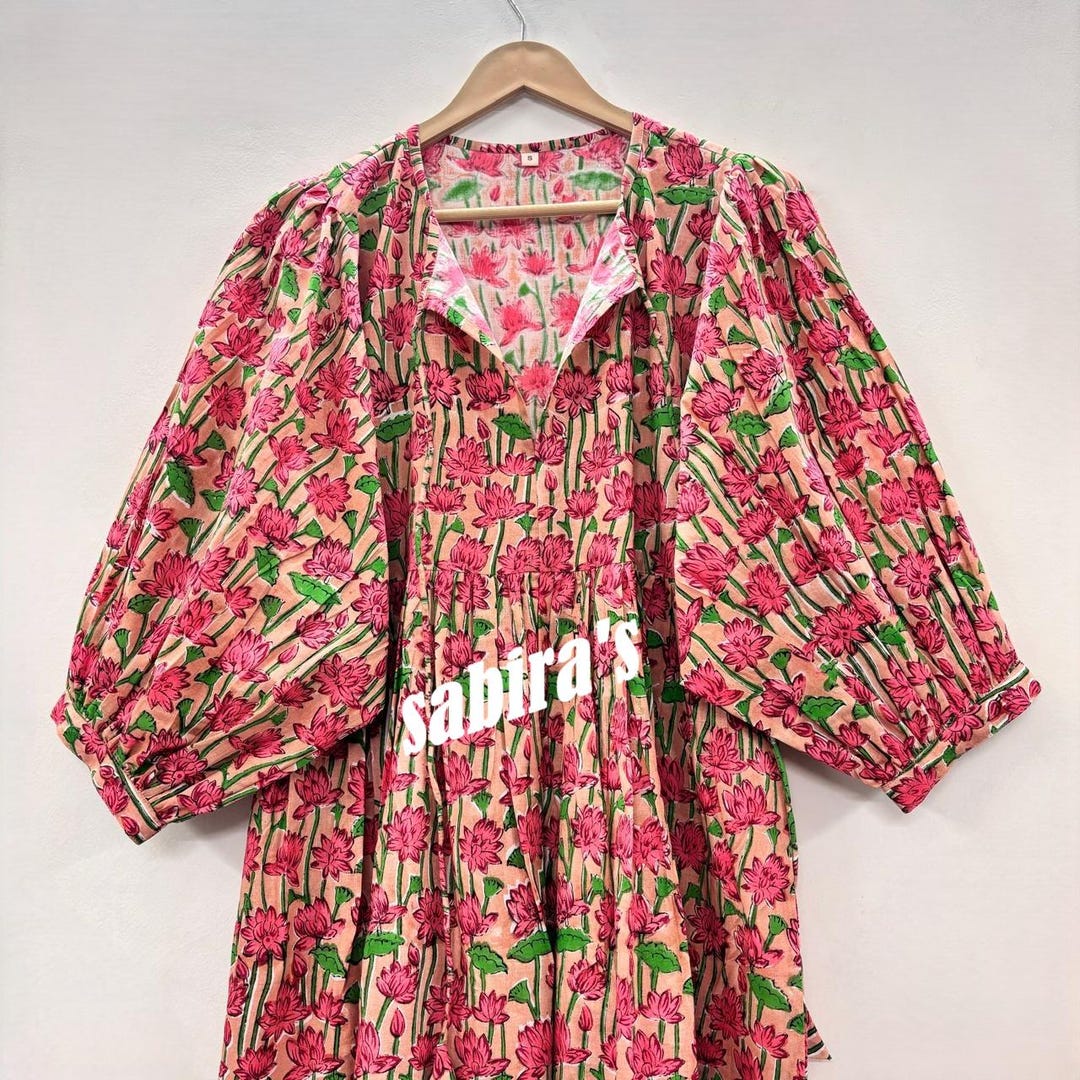 Pink Floral Block Print Cotton Dress: Kyra Midi Mini Tunic - Etsy