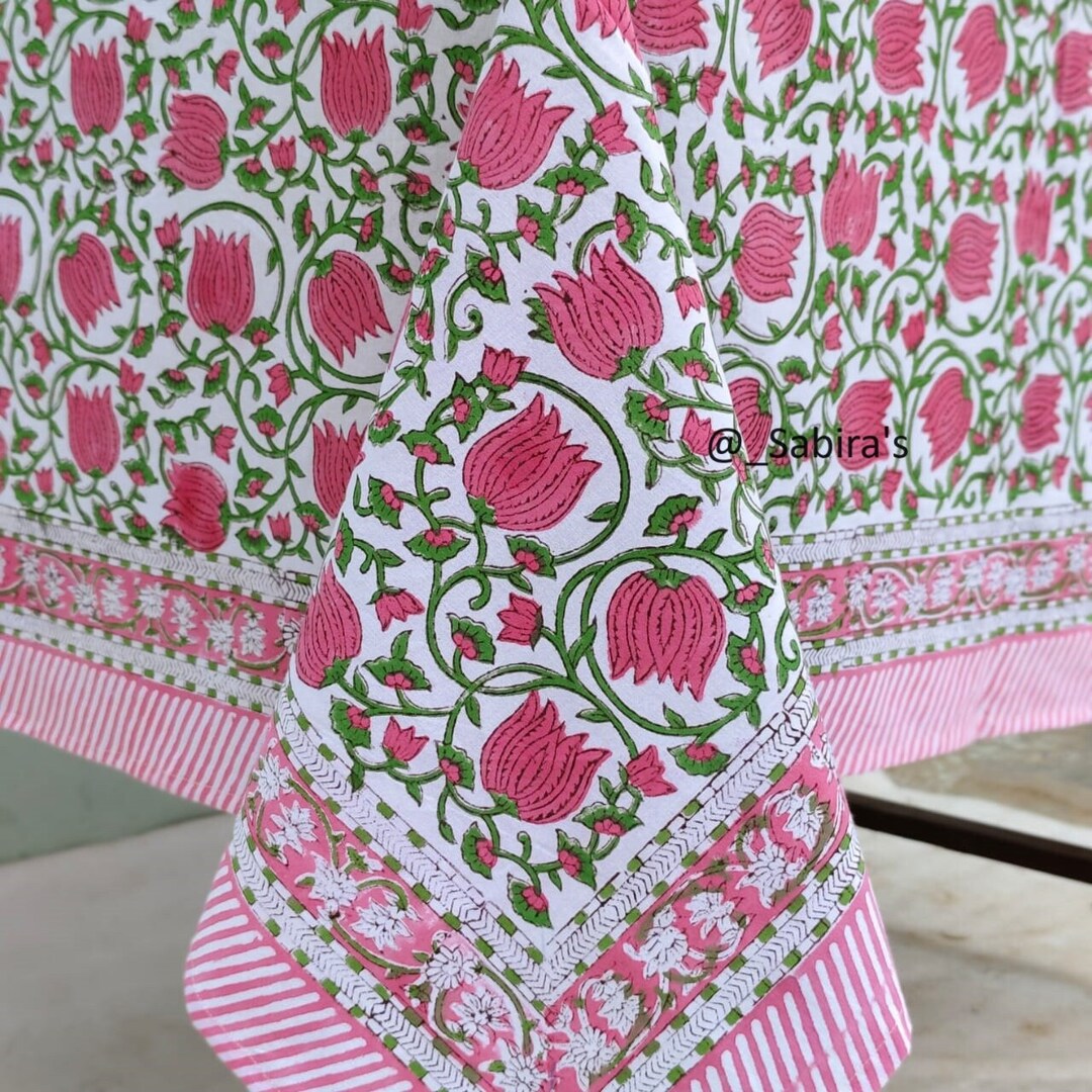 Pink Block Print Table Linen Indian Floral Cotton Table Cover ...
