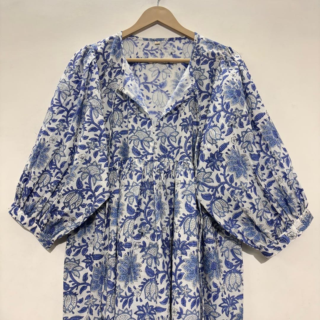 Blue Block Print Dress Soft Cotton Summer Dress, Kyra Midi Dress ...