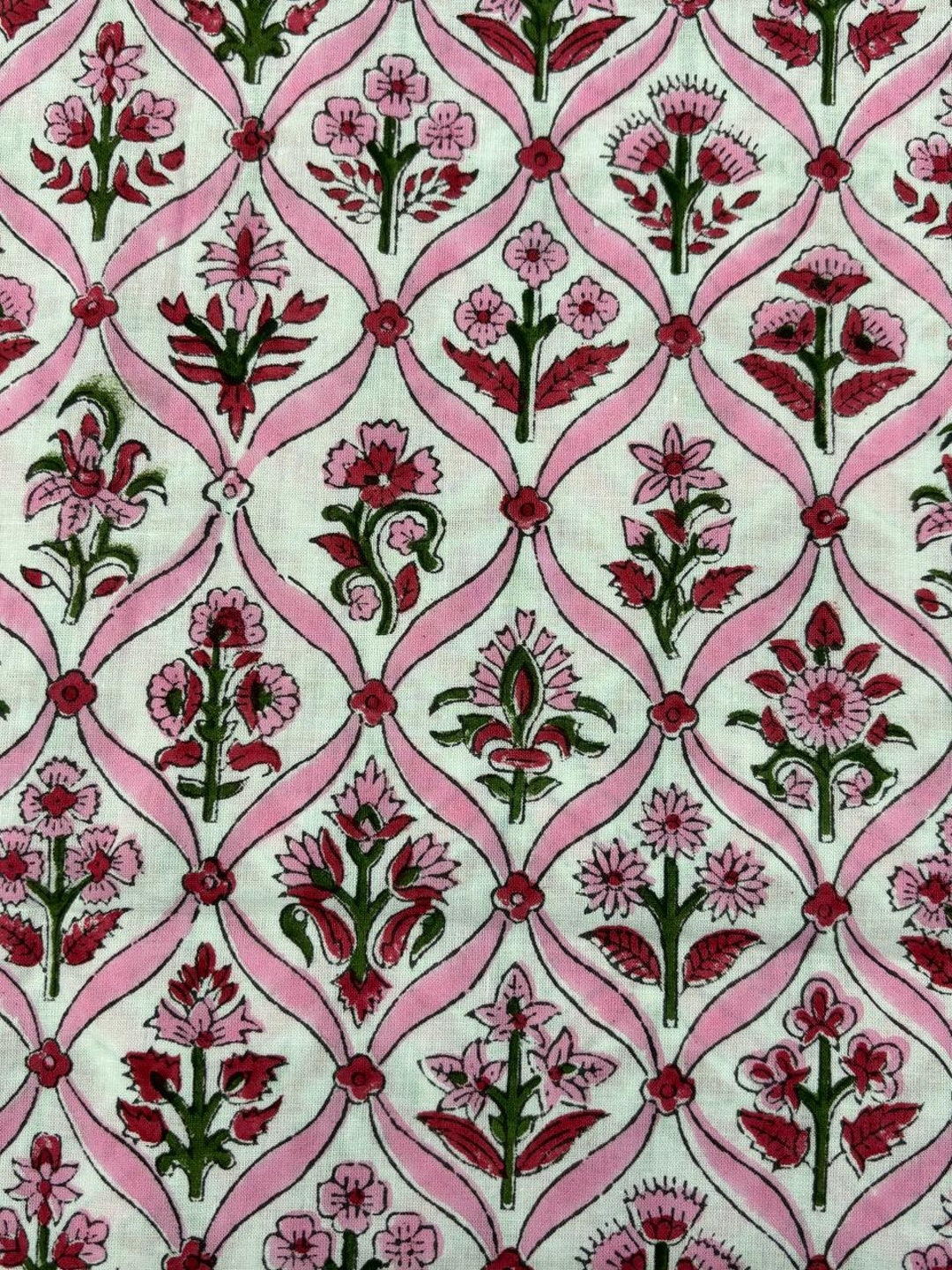 Floral Block Print Cotton Fabric: Pink, Sage Green, Delft - by the Yard ...